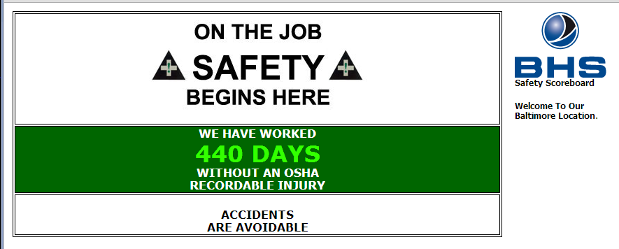 BHS Safety Scoreboard showing workplace safety metrics